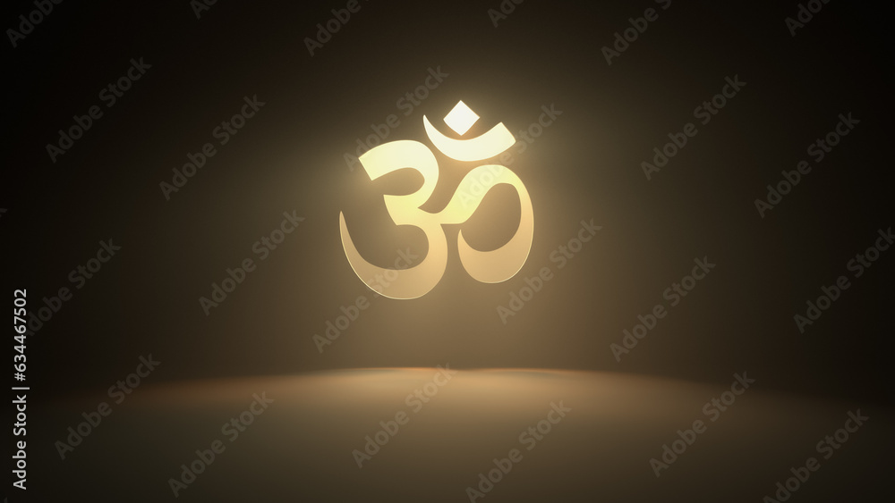 Shining Om symbol of Hinduism on the wall with warm yellow rays of ...