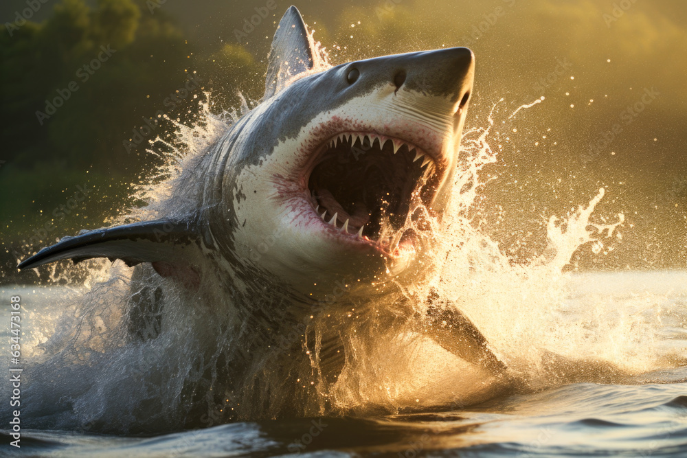 A great white shark leaping out of the water with its mouth open, sharp ...
