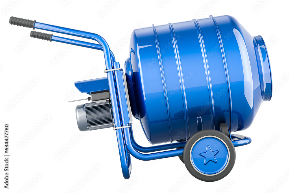 Blue Cement Mixer, side view. 3D rendering isolated on transparent ...