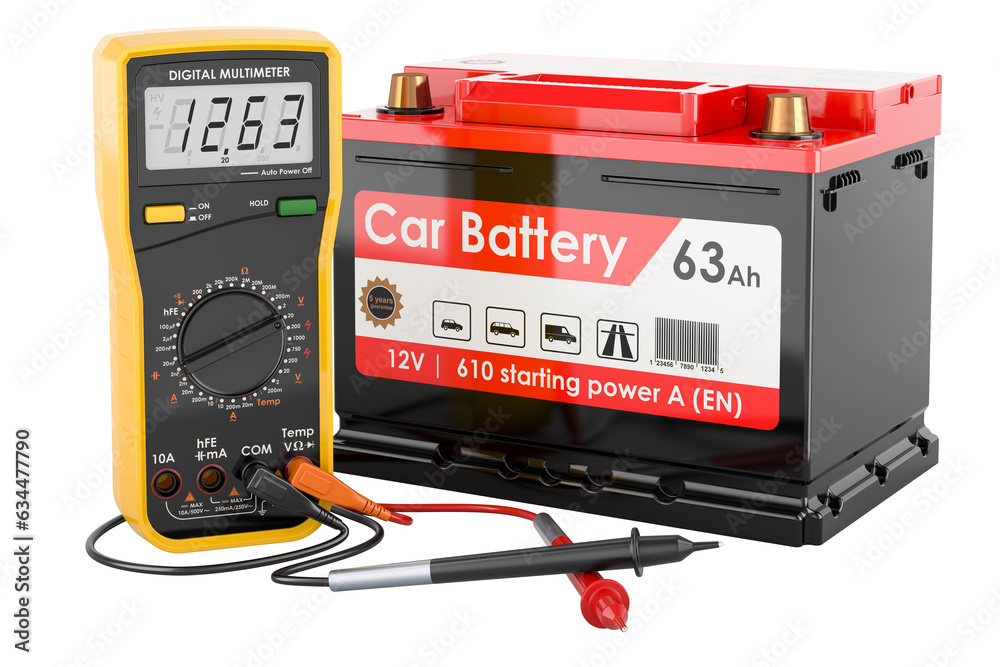 Digital multimeter and car battery, 3D rendering isolated on ...
