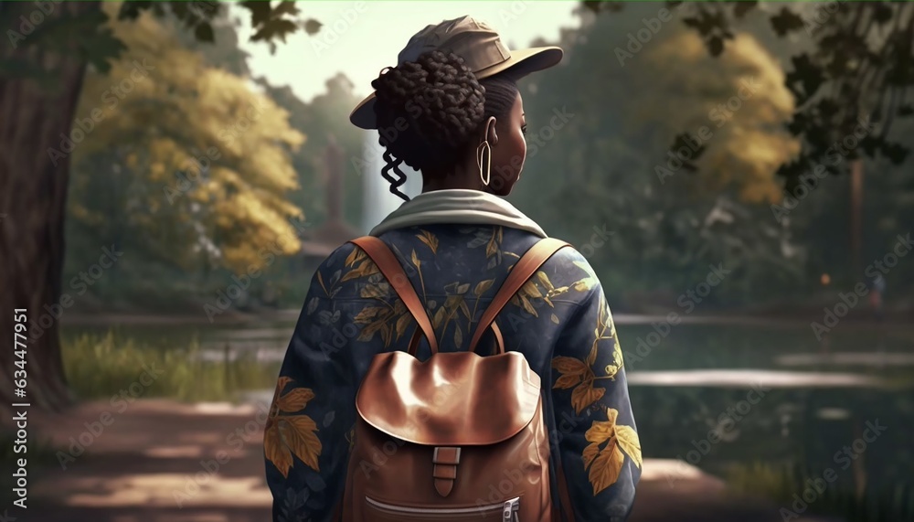 Beautiful young african woman wearing coat walking outdoors at the park, carrying backpack Stock ...