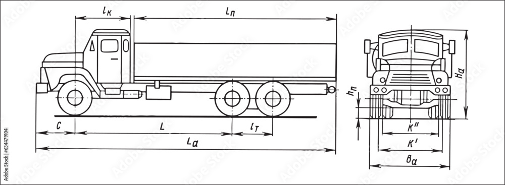 Vector engineering drawing of a truck with dimensional lines and ...