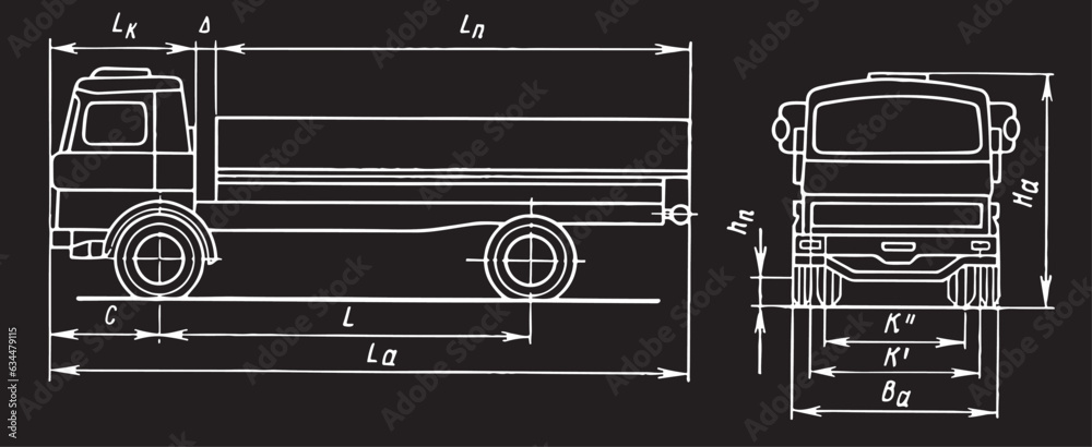 Vector engineering drawing of a truck with dimensional lines and ...