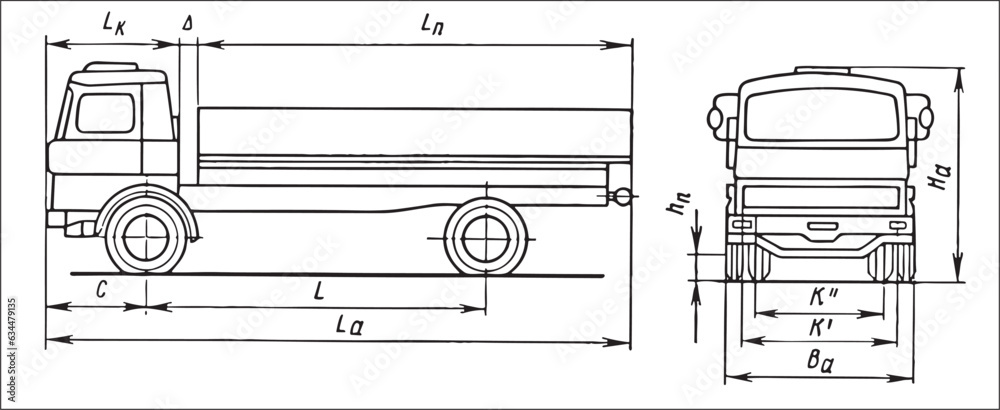 Vector engineering drawing of a truck with dimensional lines and ...