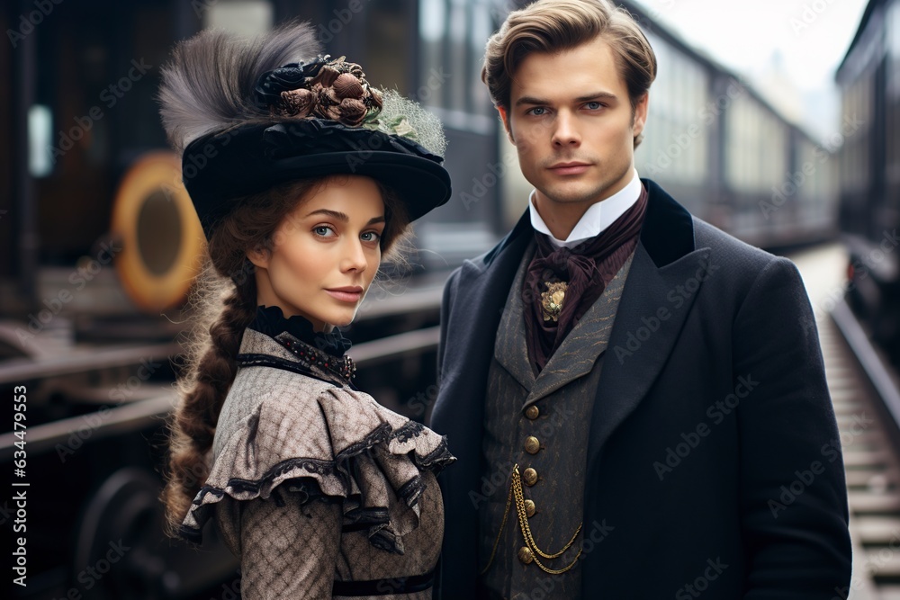 Poster Print stylish woman and man victorian era dresses 40x26.7 cm