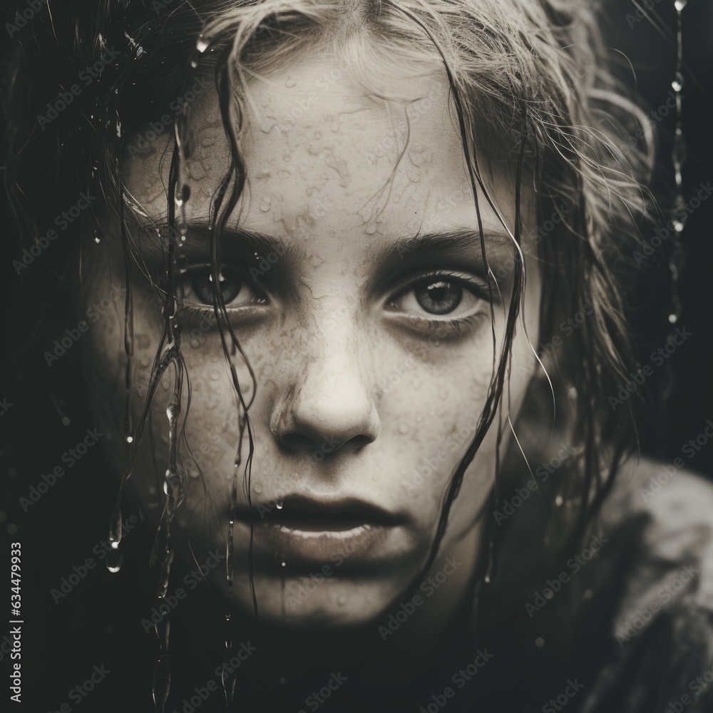 a beautiful girl posing in the rain, with damp hair, dark and gritty ...