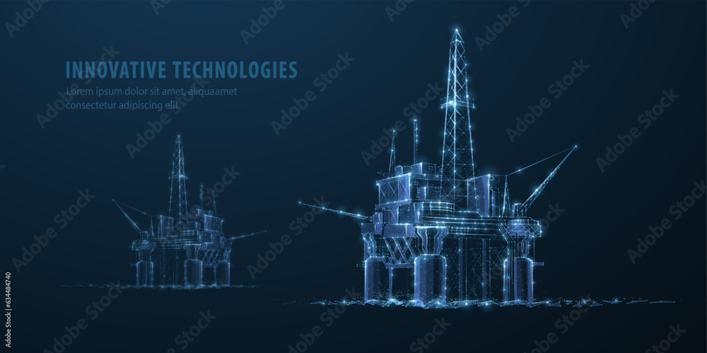 Oil rig. Abstract 3d floating rig platform isolated on blue. gas ...