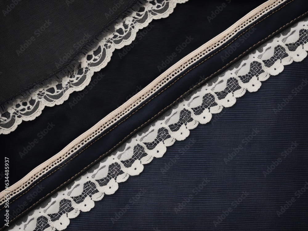 Black denim background with lace borders and small leather label. Dark ...