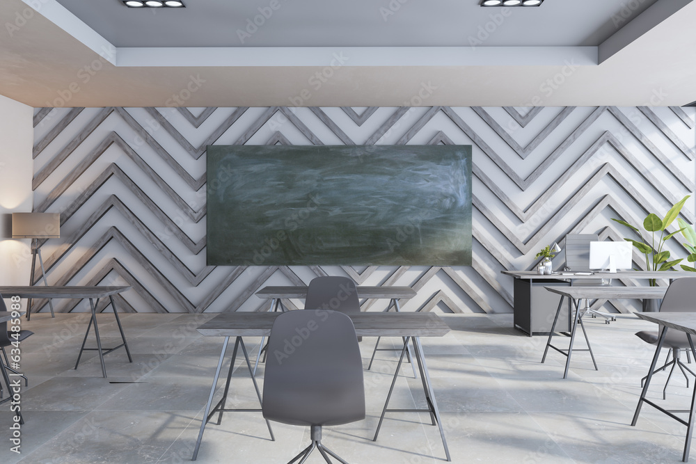 Modern classroom interior with furniture and empty mock up blackboard ...