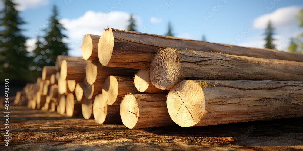 Lumber in the forest, cut wooden logs in the stack. Logging, harvesting ...