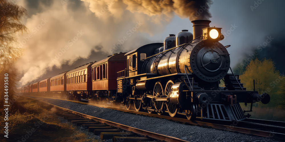 Vintage steam train with ancient locomotive and old carriages runs on ...