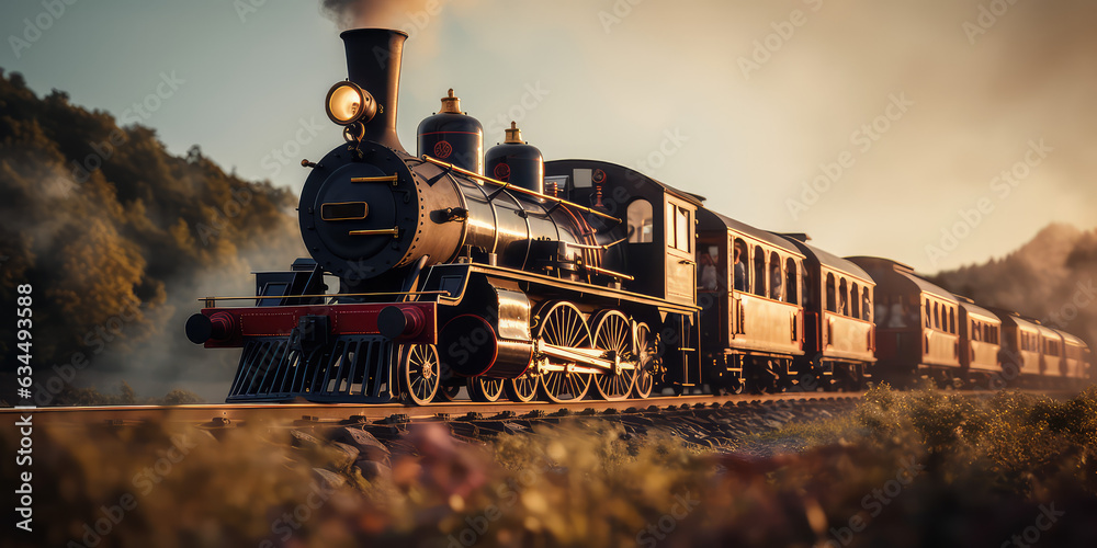 Vintage steam train with ancient locomotive and old carriages runs on ...