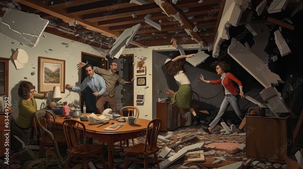 Terrified individuals amidst an earthquake, with objects toppling ...