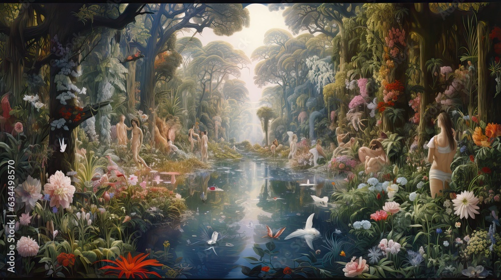 A lush depiction of the Garden of Eden, presenting nature's untouched ...