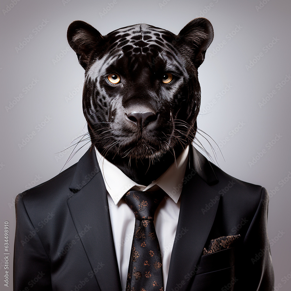 Black Panther wearing a suit isolated on a grey background ...