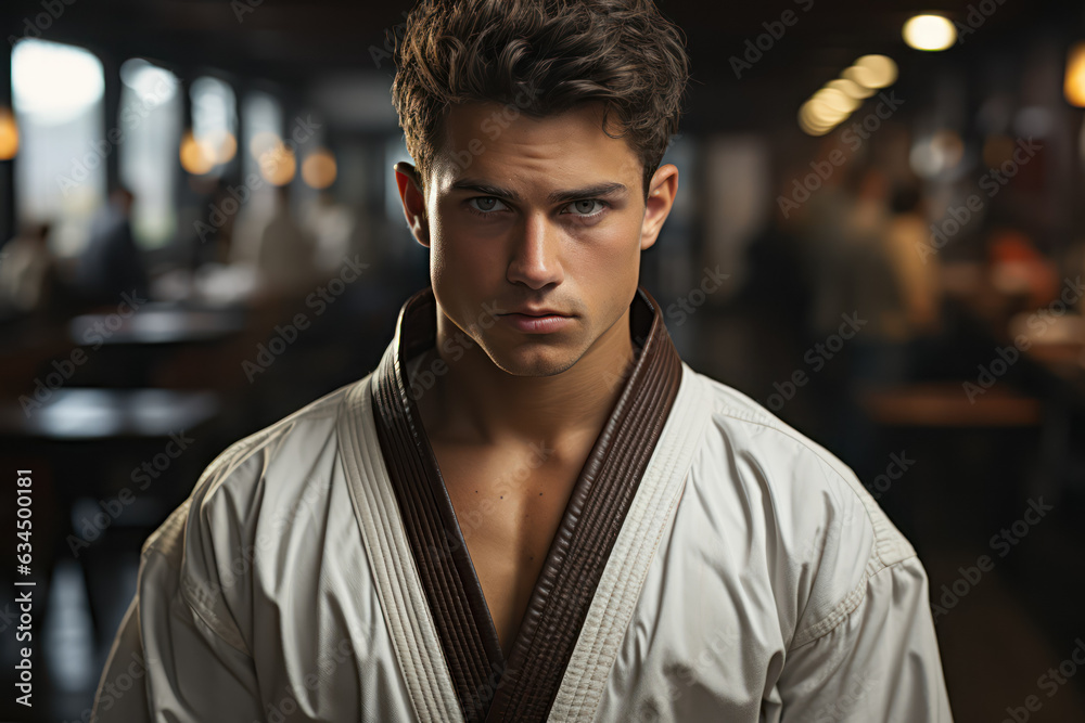 A man dressed in a white martial arts suit looks menacingly ahead ...