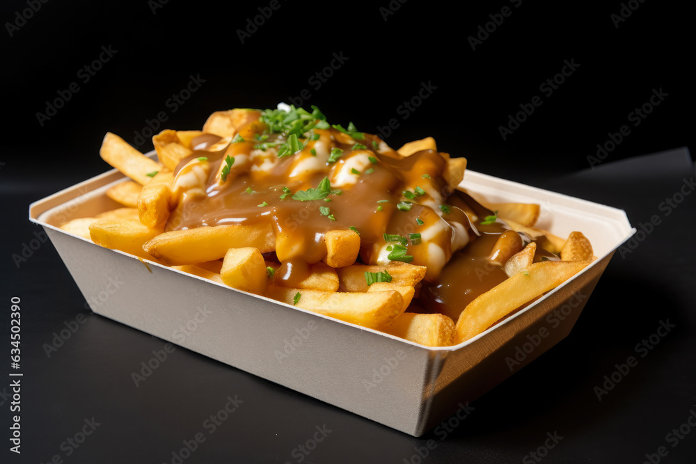 Vegan poutine with crispy fries, plant-based cheese curds, and savory ...