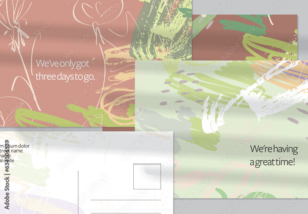 Postcard Layout with Hand Drawn Abstract Brush Strokes and Floral ...