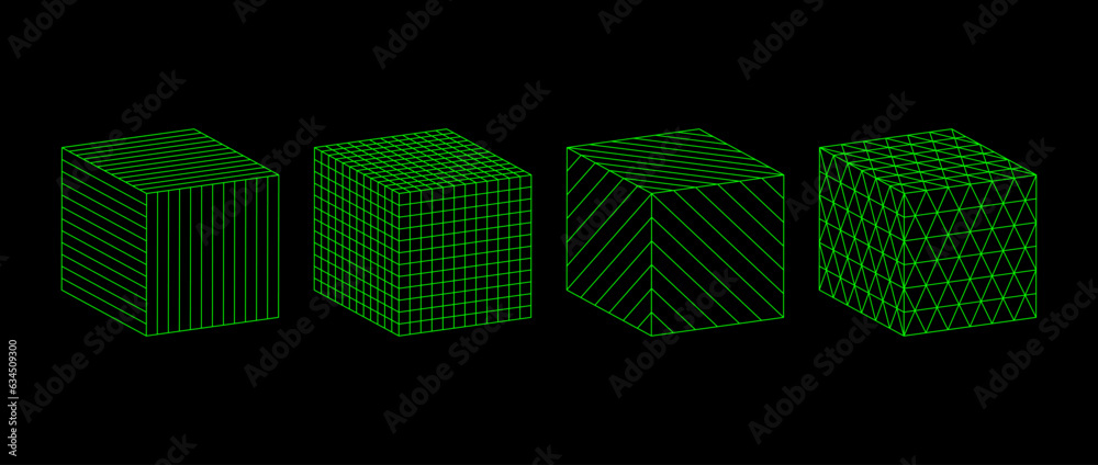 Neon green wireframe cubes collection. 3d outline shapes with different ...