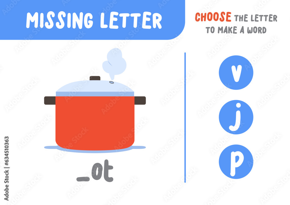 Missing letter (pot), the alphabet letter vocabulary game for kid ...