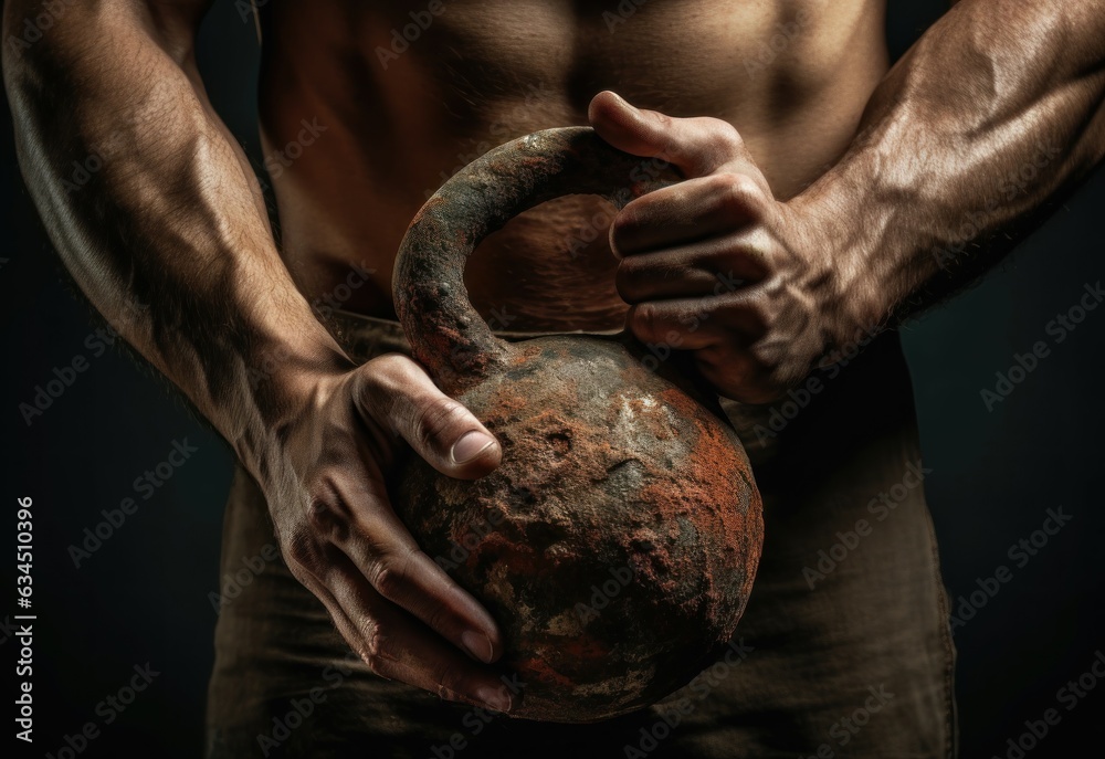 Strength and Definition: Close-Up of a Muscular Man Holding a Rusty ...