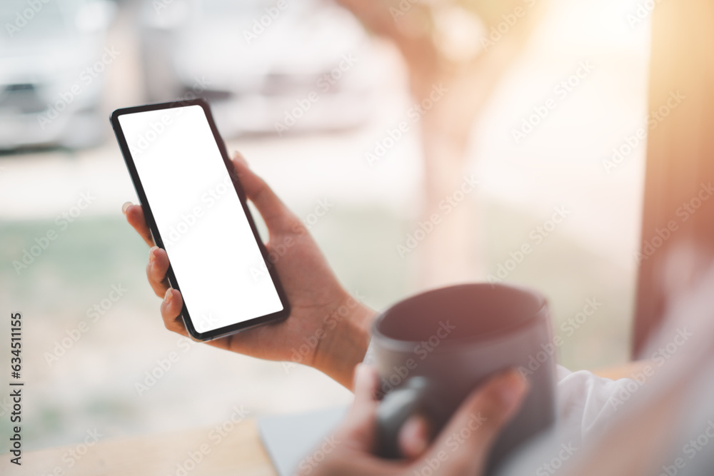 Cell phone Mockup image blank white screen, woman hand holding texting ...