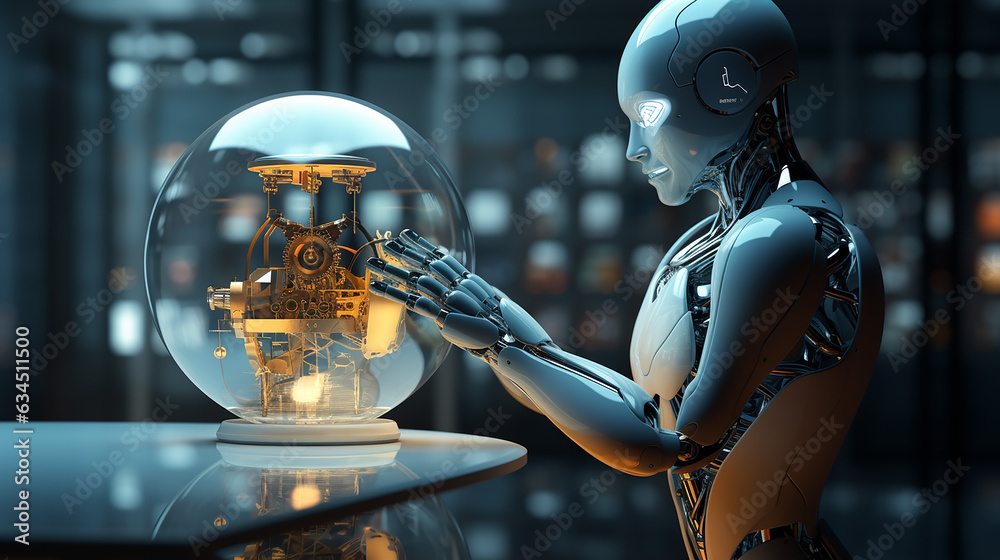 Ansicht eines Cyborgs, der eine Kristallkugel mit einem Planeten Erde ...