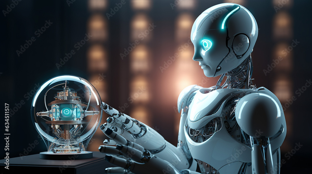 Robot holding planet Earth in his hands. Roboter hält den Planeten Erde ...