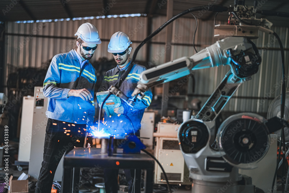 factory engineers using smart control to control the arm robot machine ...