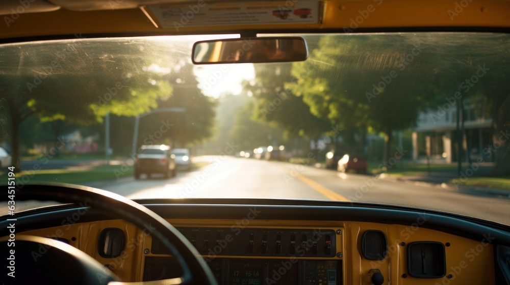 first person view of the inside of a car with the steering wheel, glass ...