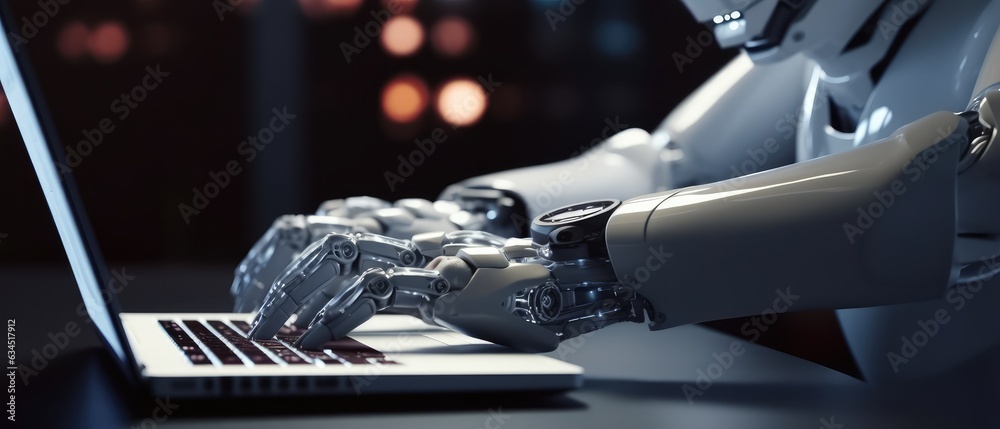 White Ai robot working and looking on monitor screen computer lab, high-tech artificial ...