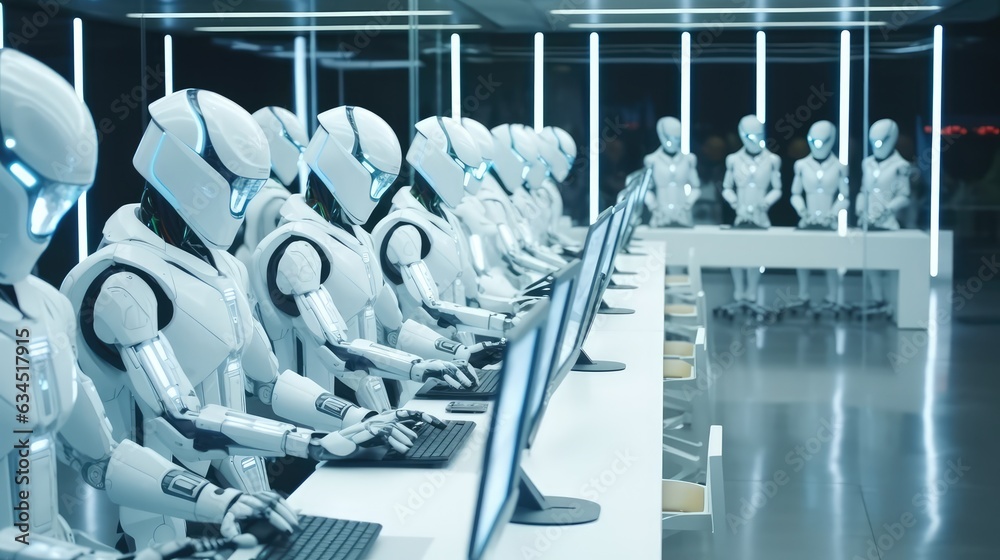 White Ai robot working and looking on monitor creen computer lab, high-tech artificial ...