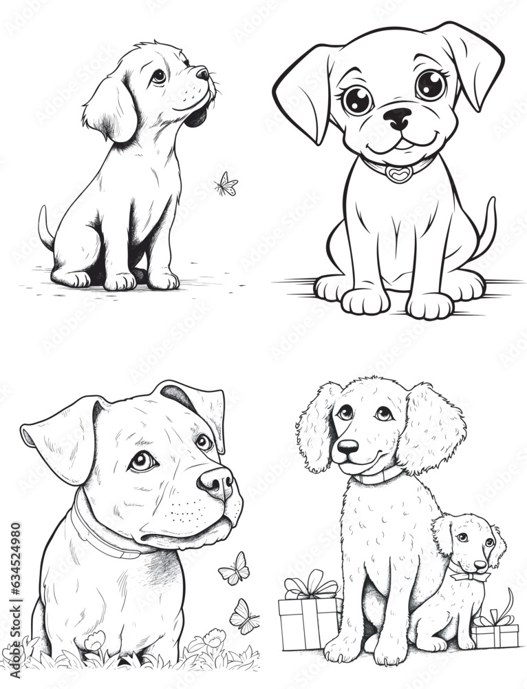 Dog Character Vector, Coloring Book Page with dogs, Coloring page ...