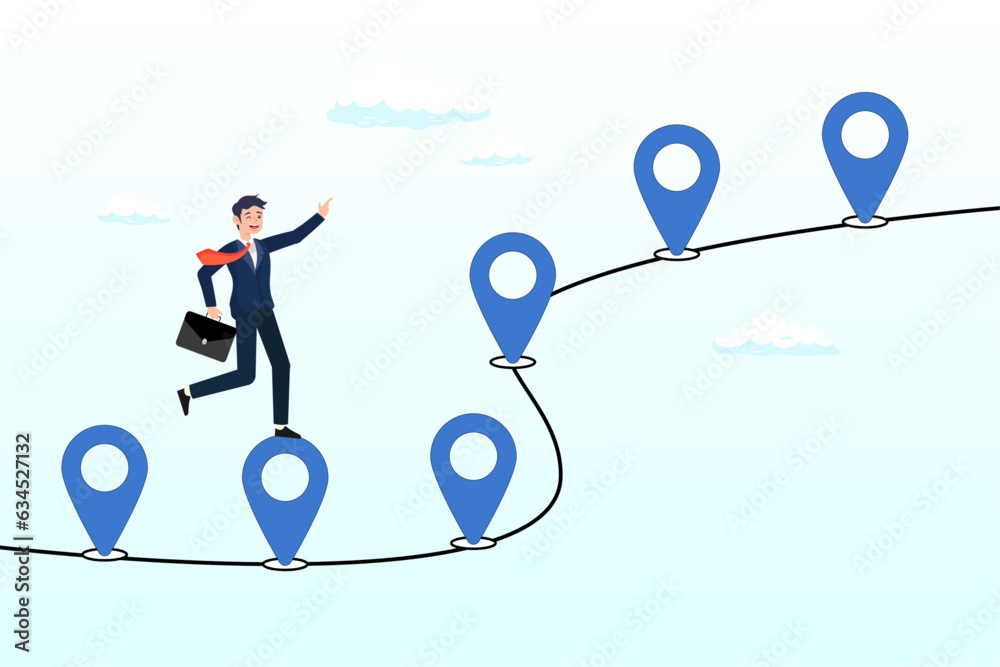 Businessman run on milestone location pin on business roadmap, roadmap ...
