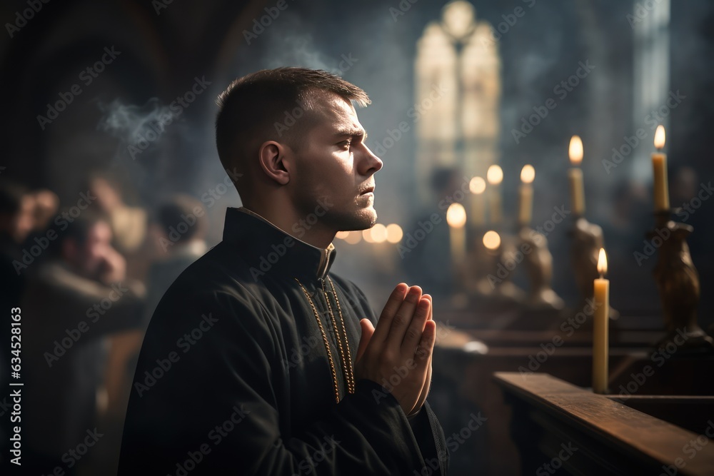 A young catholic priest prays in a catholic church. True faith for the ...