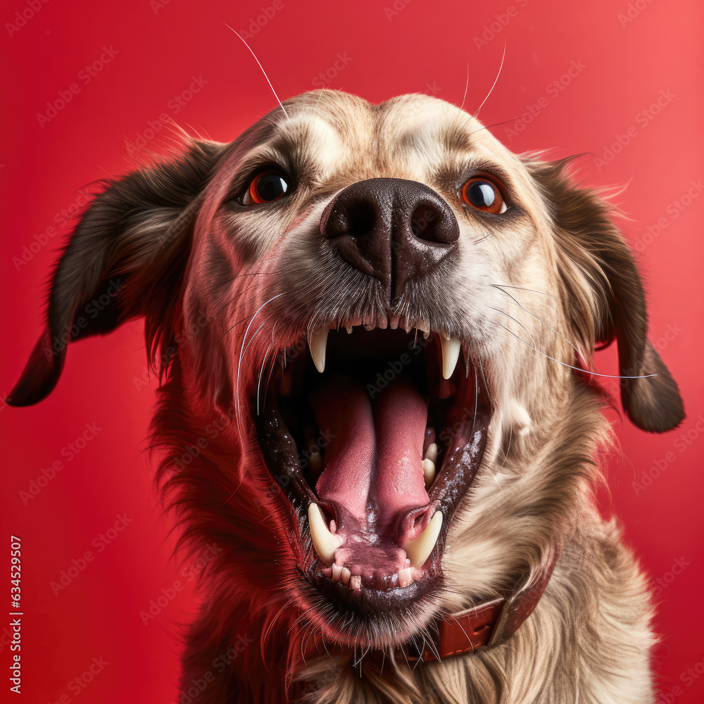 An angry dog with narrowed eyes and bared teeth showing aggression ...