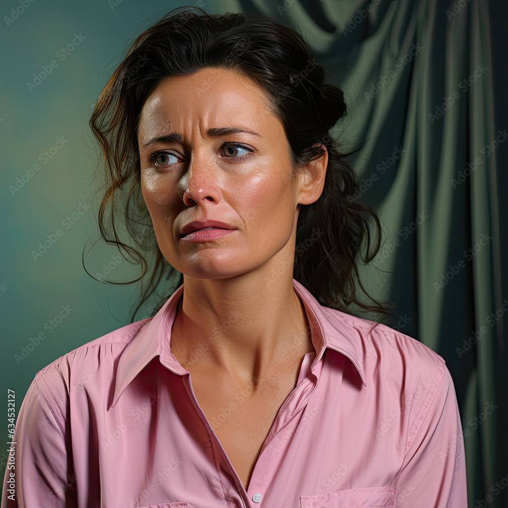 A sorrowful woman in her 40s looks down with teary eyes against a mint ...