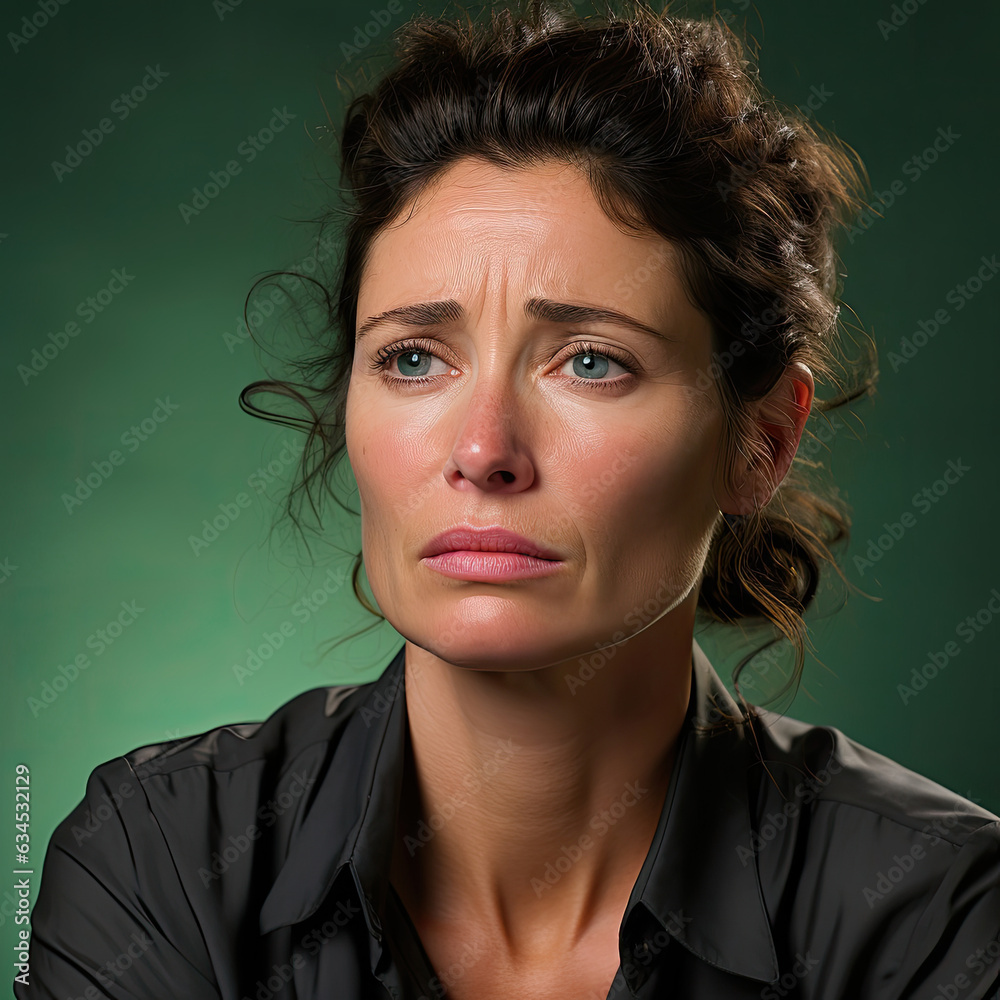 A sorrowful woman in her 40s looks down with teary eyes against a mint ...