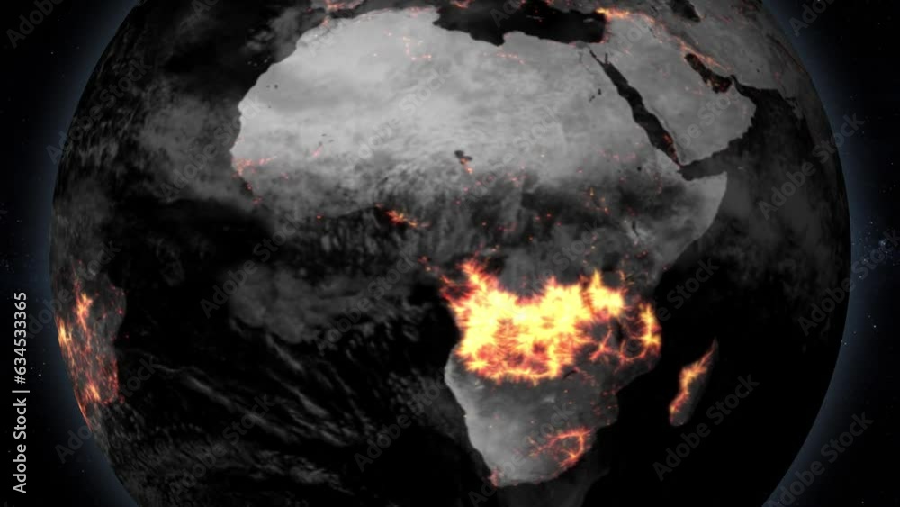 Planet earth globe animation of Africa continent with map of Fire ...