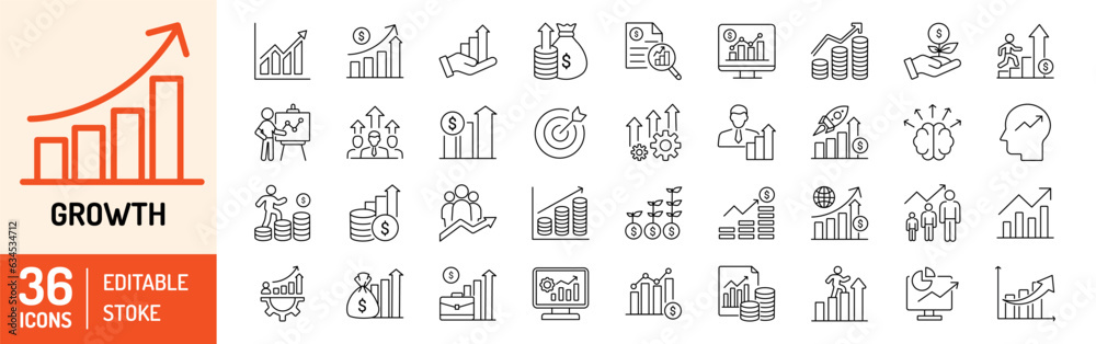 Growth editable stroke outline icons set. Growth, income, business ...