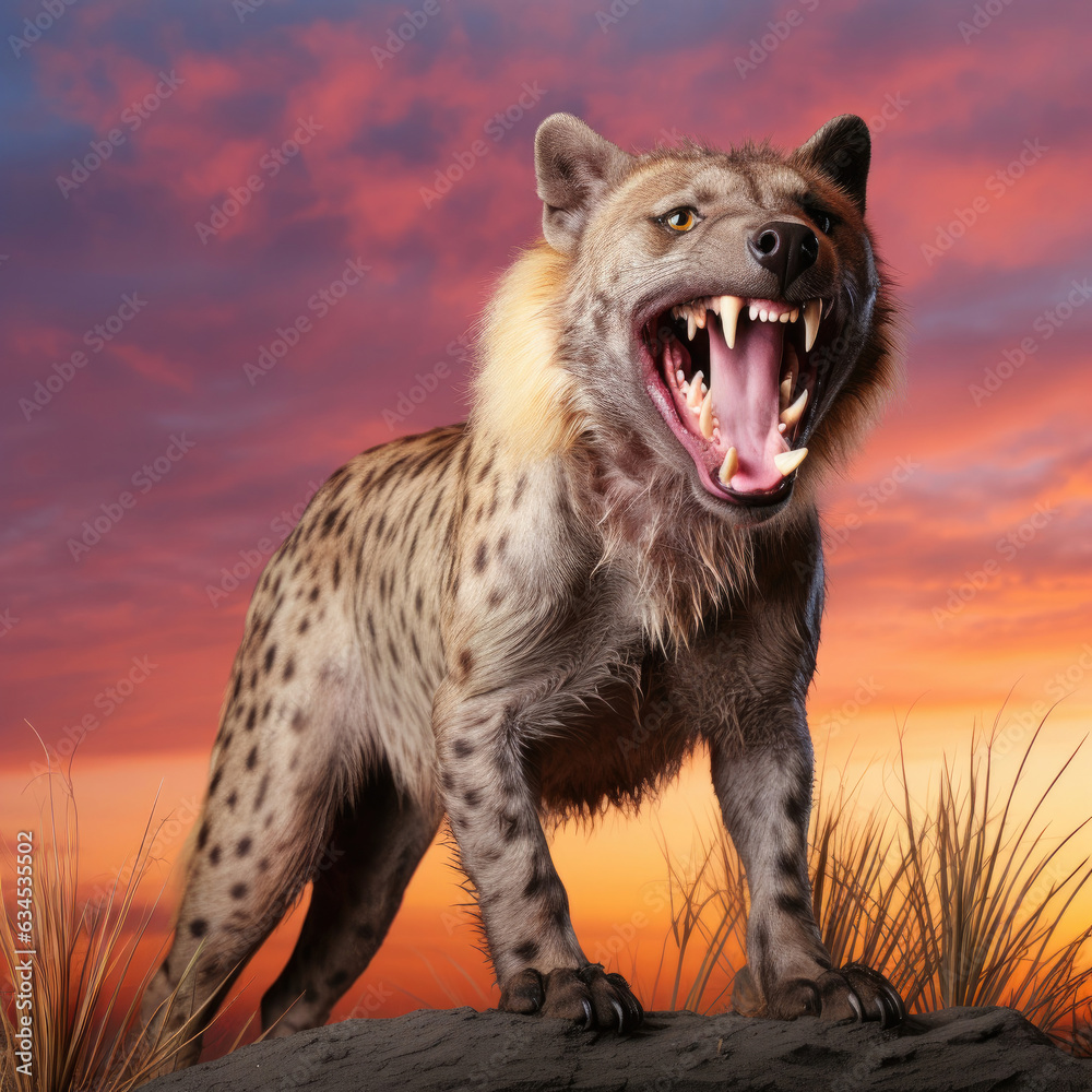 A cheerful hyena with a wild mane and expressive eyes laughs against a ...