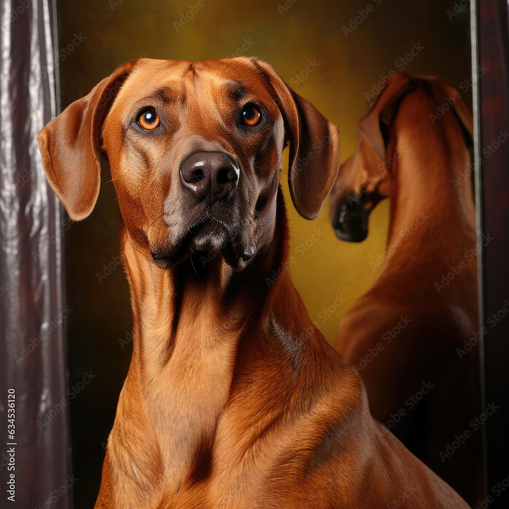 A Rhodesian Ridgeback gazes at its reflection in a studio with a copper ...