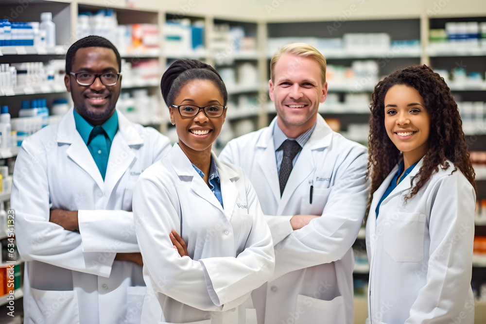 Foto de Group of pharmacists standing together and looking at the ...