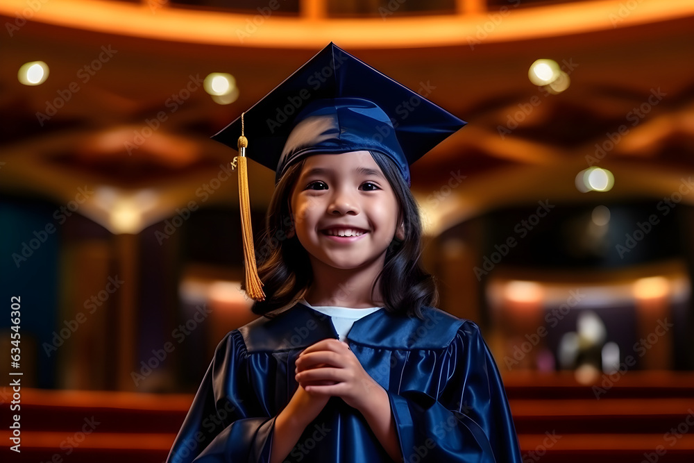 Portrait of cute child girl in academic gown and cap in graduation day ...