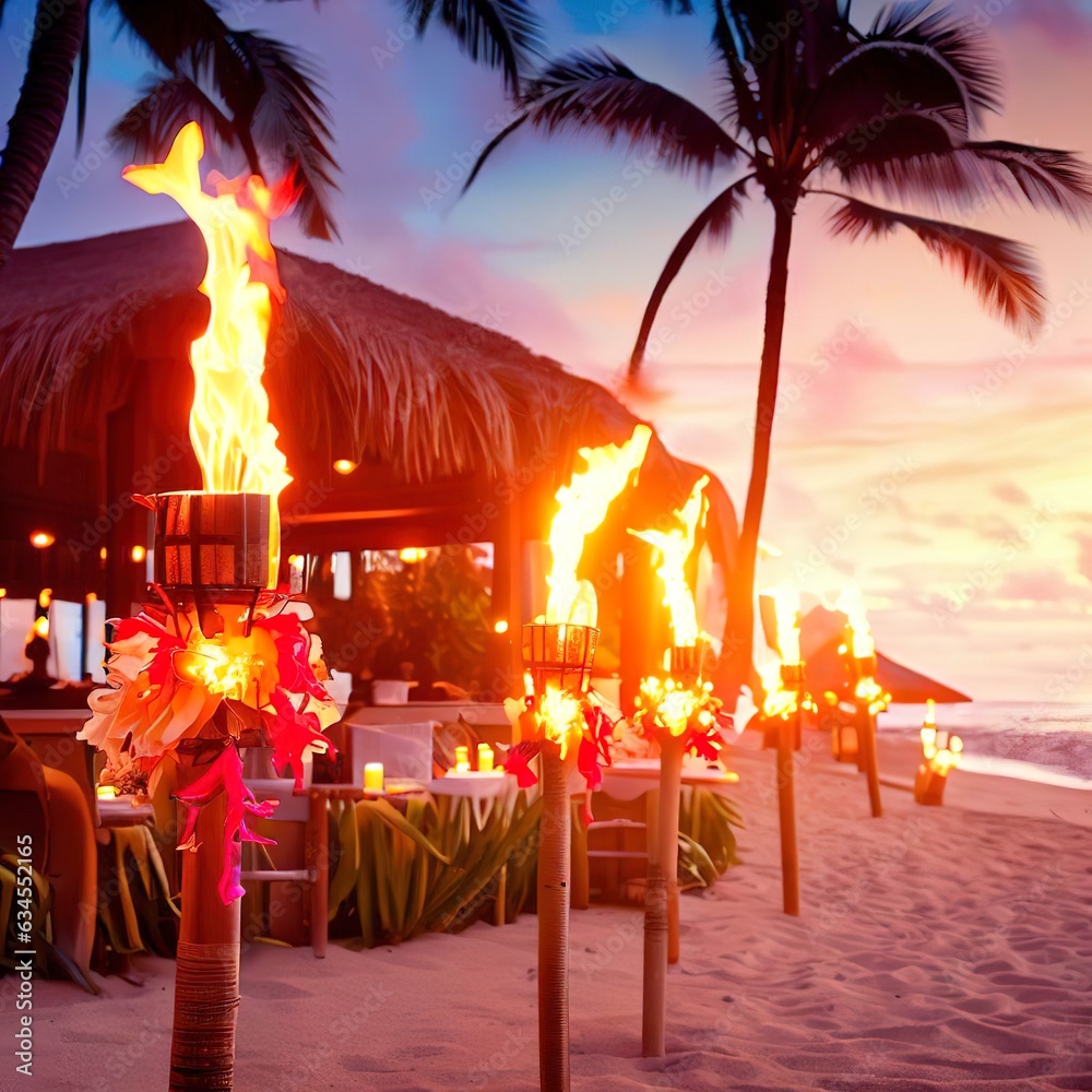 Hawaii luau beach party at sunset. Hawaiian tiki torches lighted up ...