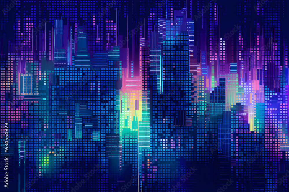 Night city cyberpunk neon pixel background with high buildings. Modern ...