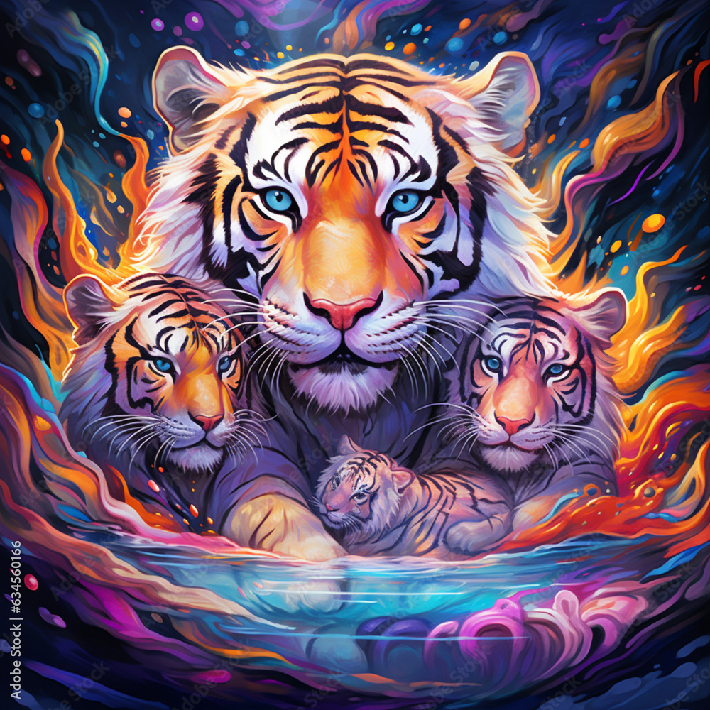 Illustrate the tigress and her cubs frolicking in a shimmering pool of ...