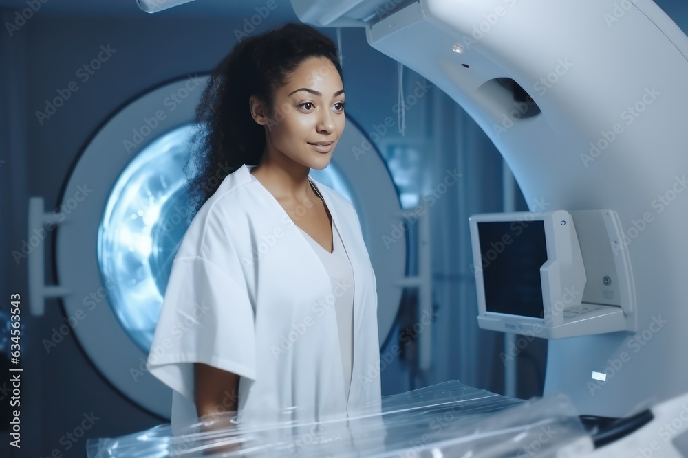 Hospital Radiology Room: Beautiful Multiethnic Woman Standing in ...