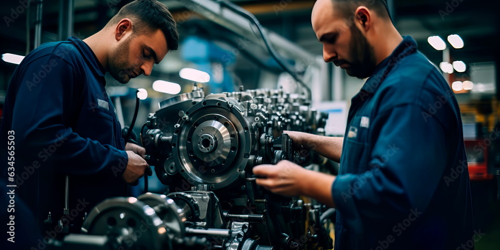 Workers inspecting and maintaining machinery in an industrial ...