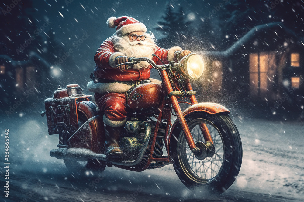 Santa riding on the motorbike at the snowfall. Vintage illustration ...